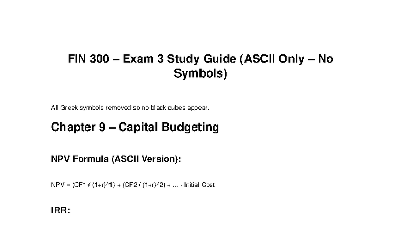 FIN 300 Exam 3 ASCII Study Guide: Capital Budgeting & Risk - Studocu