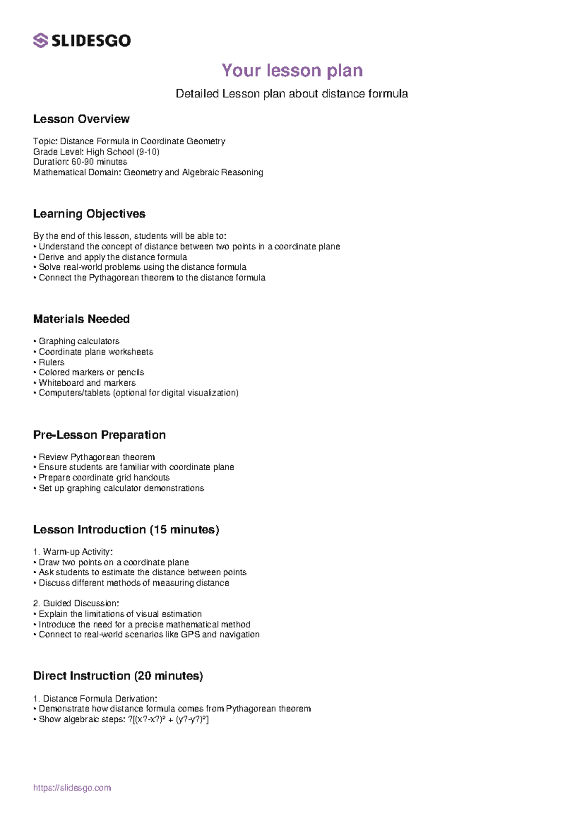 High School Lesson Plan: Distance Formula in Geometry - Studocu