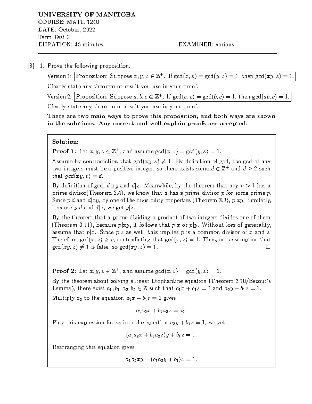 MATH 1240 F22 Term Test 2 Solutions: Proofs and Combinatorial ...