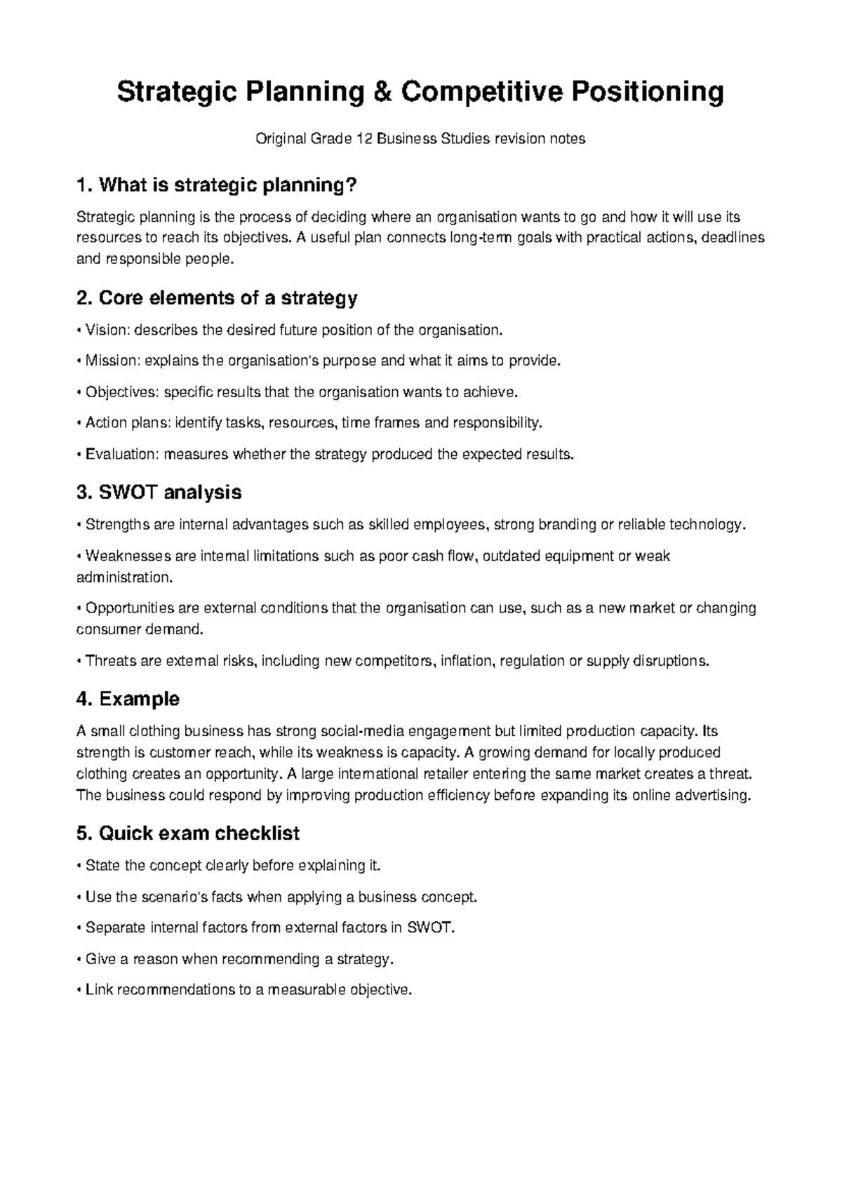 Grade 12 Business Studies: Strategic Planning Revision Notes - Studocu