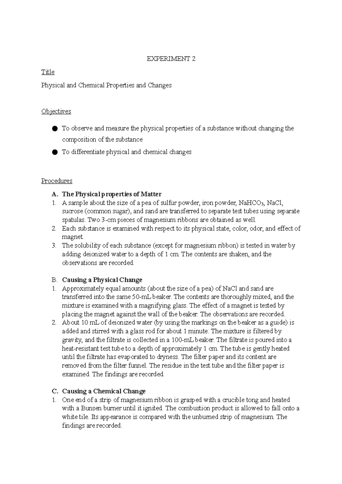 Exp2 lab report - EXPERIMENT 2 Title Physical and Chemical Properties and Changes Objectives To ...