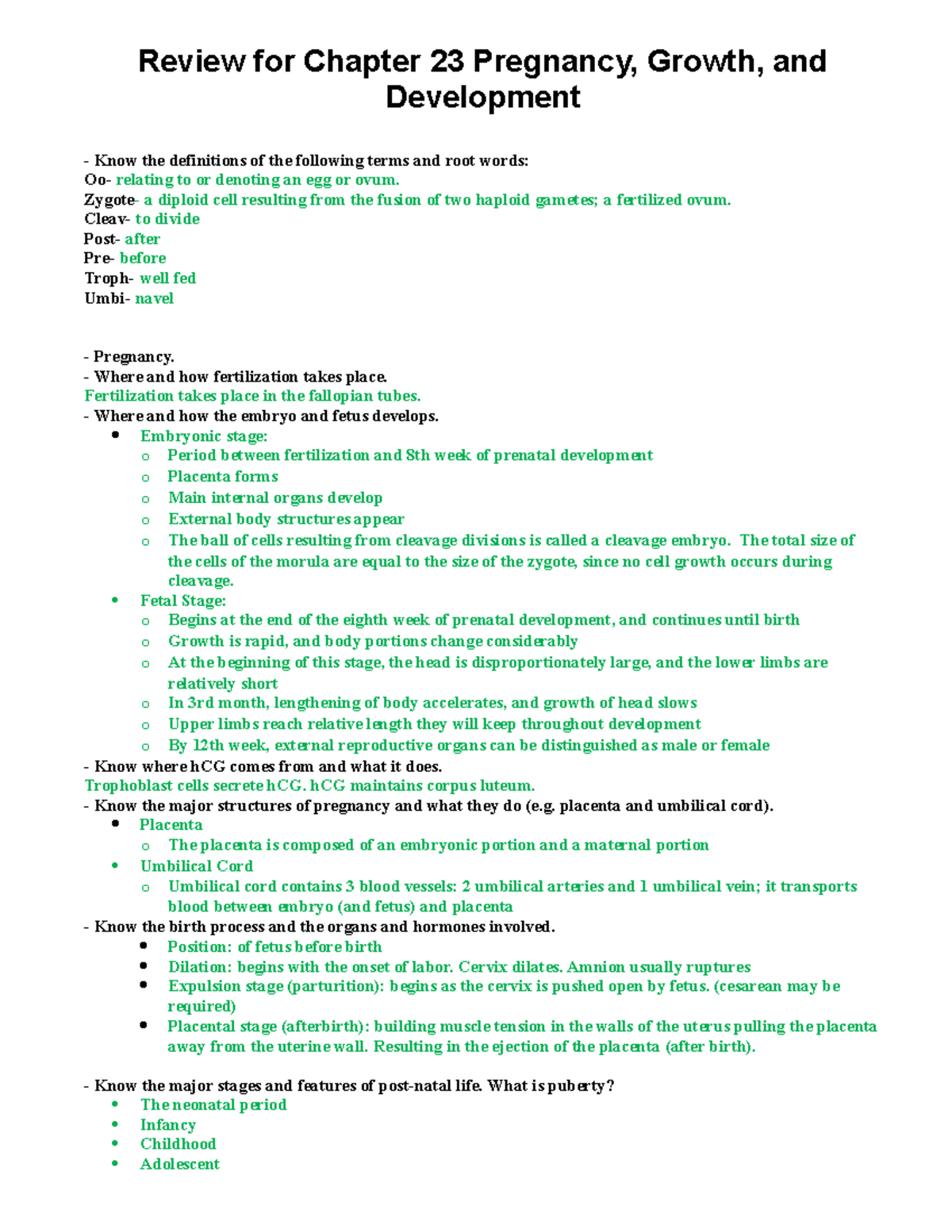 BIO 116 117 118 Exam Review Chapter 23 Pregnancy, Growth, and ...
