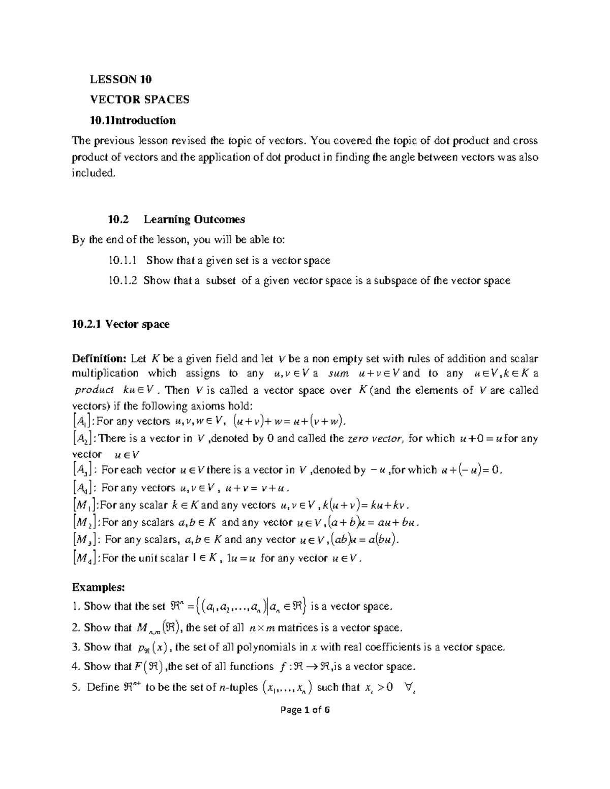 Lesson 10: Vector Spaces and Linear Combinations - Studocu