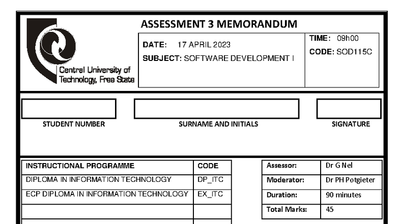 2023-SOD115C Software Development I Assessment 3 Memo - Studocu
