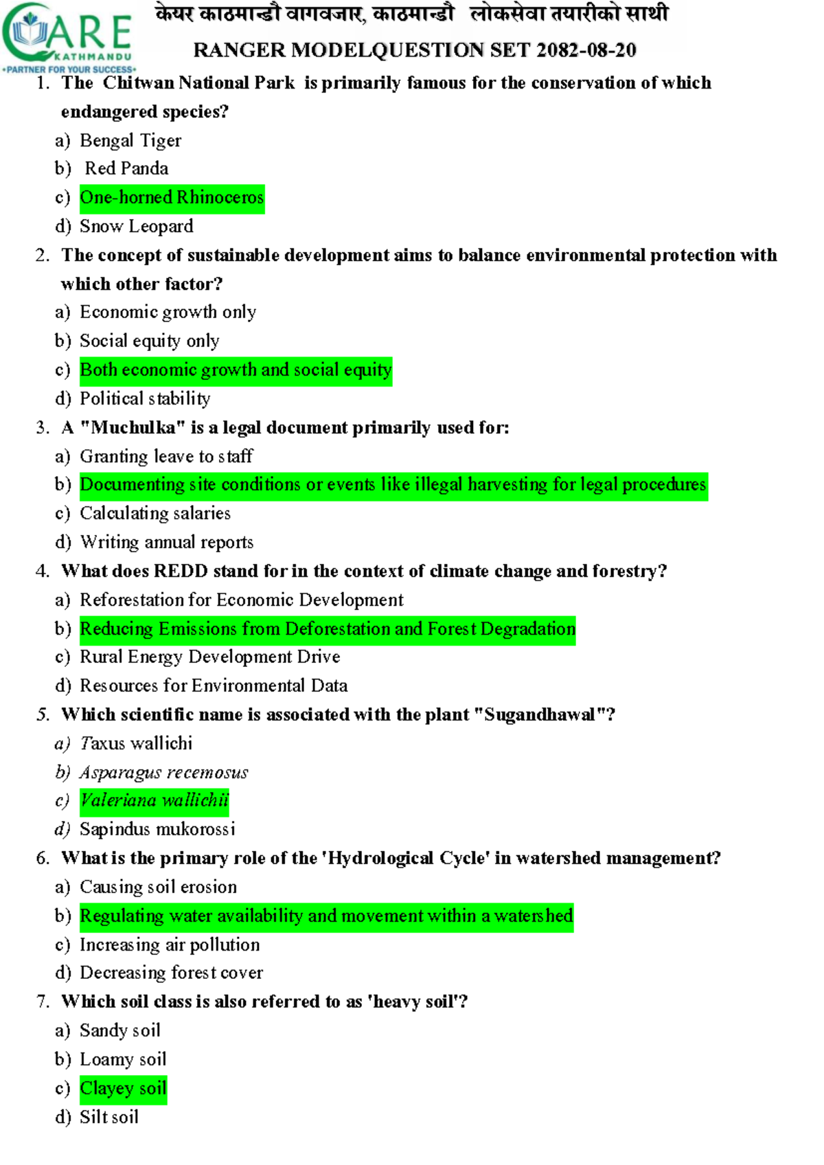 रANGER MODEL QUESTION SET 1: Conservation and Forestry Quiz - Studocu