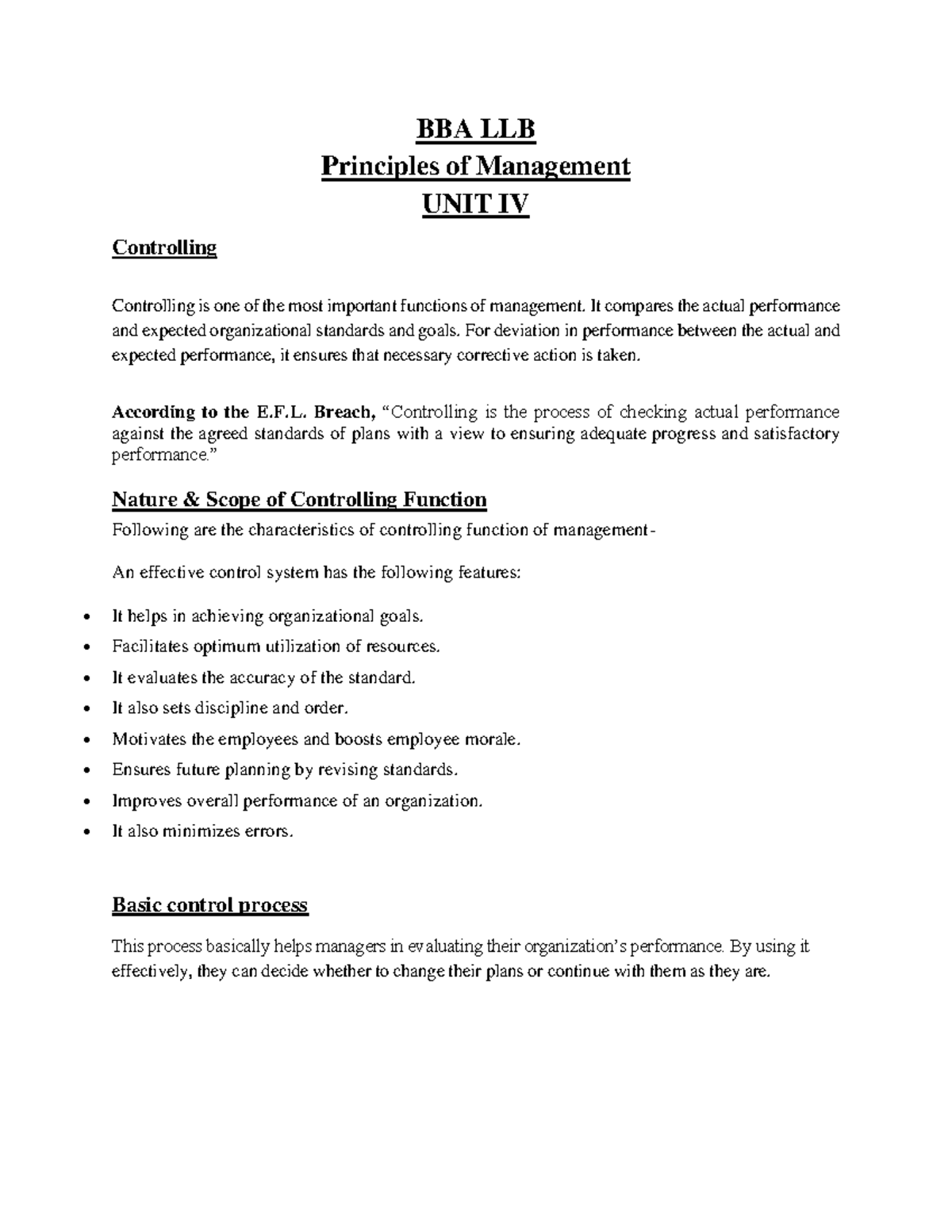Unit 4 Controlling pom - pom notes - BBA LLB Principles of Management ...