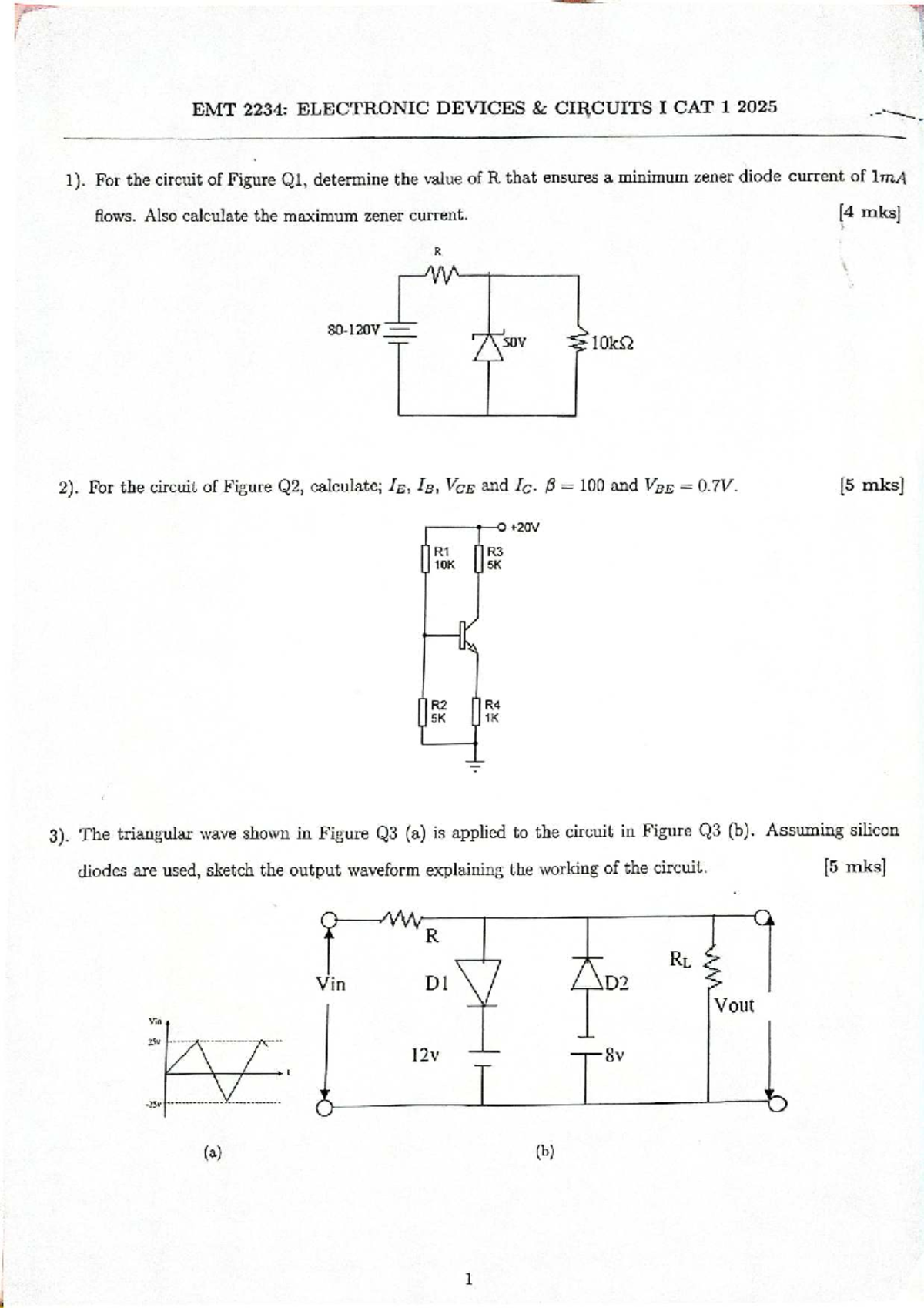 CAT 1 - EMT 2234 Electronic Devices & Circuits I Exam Problem Set 2025 ...