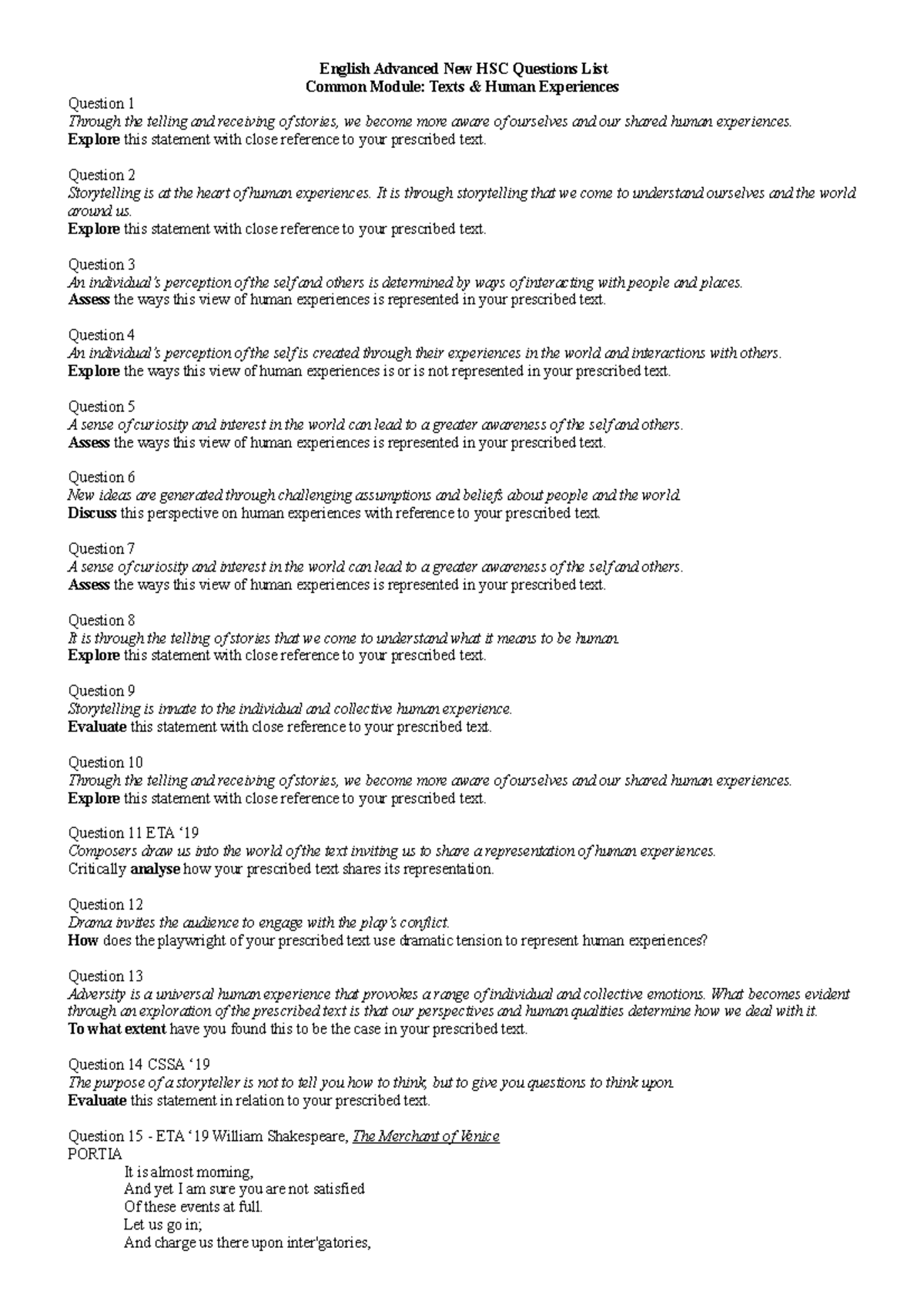 List of New HSC English Advanced Questions on Human Experiences - Studocu