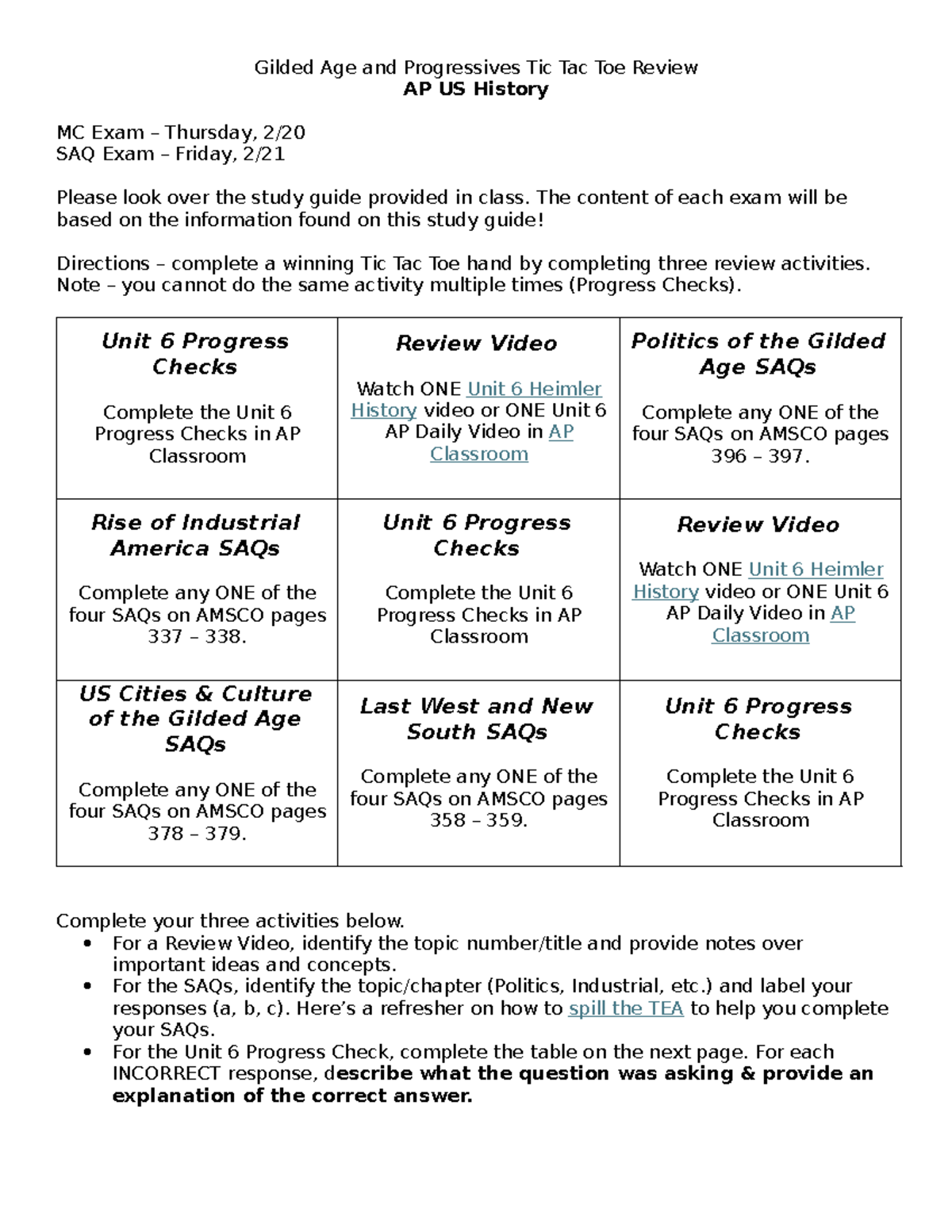AP US History: Gilded Age & Progressives Tic Tac Toe Review Guide - Studocu