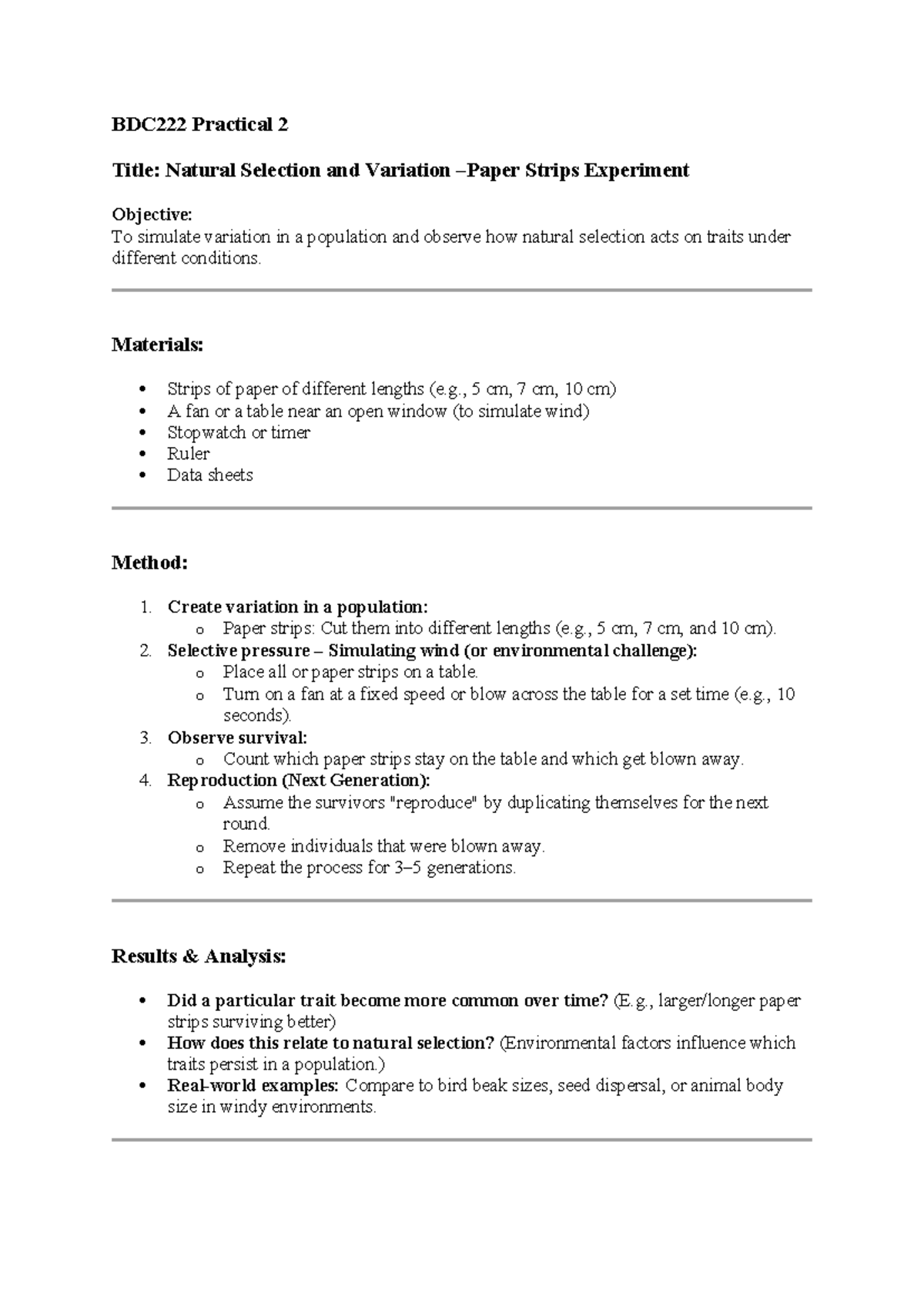 BDC222 Practical 2: Natural Selection & Variation Experiment - Studocu