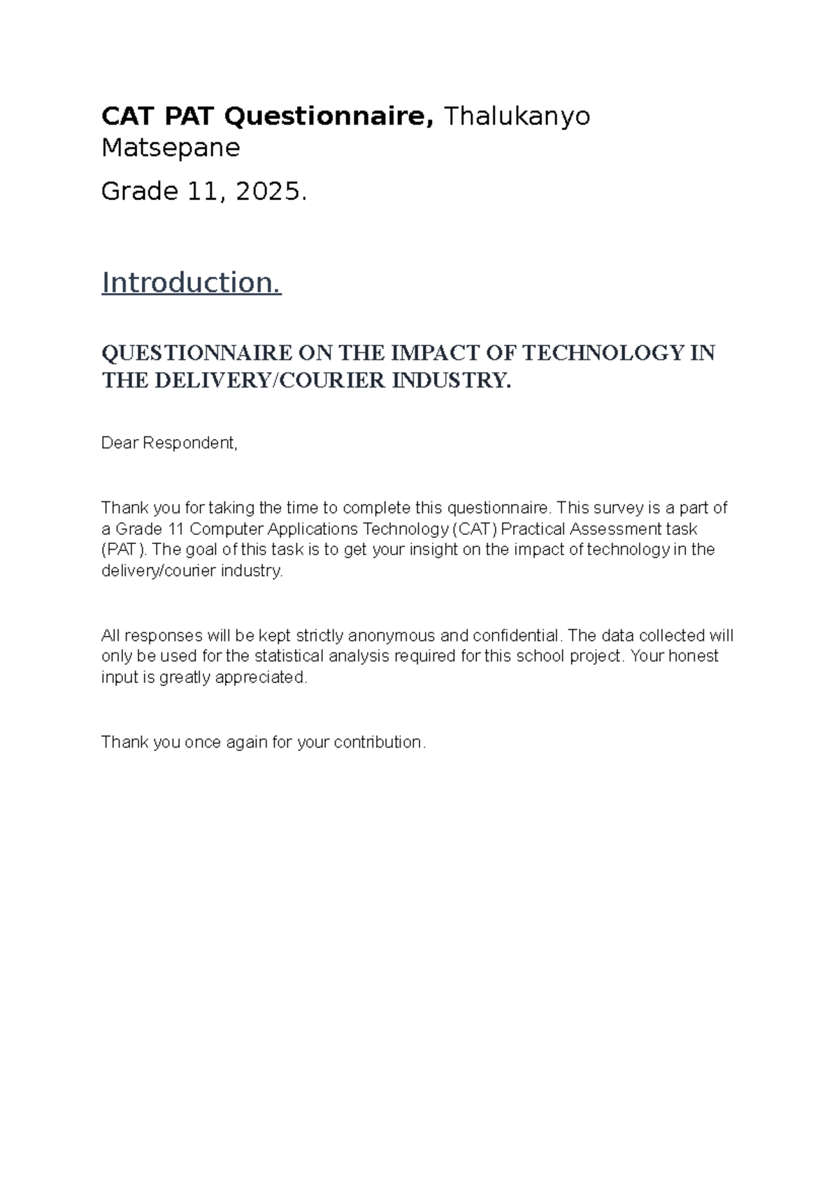CAT PAT Questionnaire: Impact of Technology in Industry - Grade 11 ...