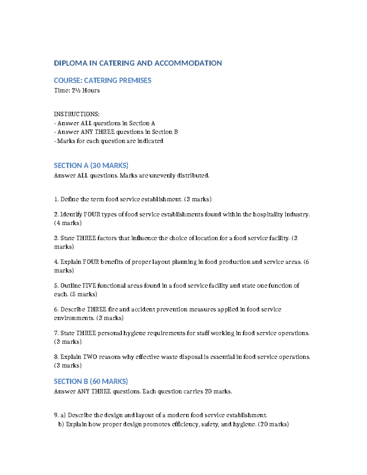 CATERING AND ACCOMMODATION DIPLOMA: CATERING PREMISES EXAM PAPER - Studocu