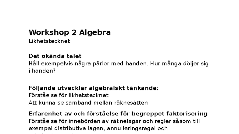 Workshop 2 Algebra - Anteckningar om Likhetstecknet och Faktorisering ...