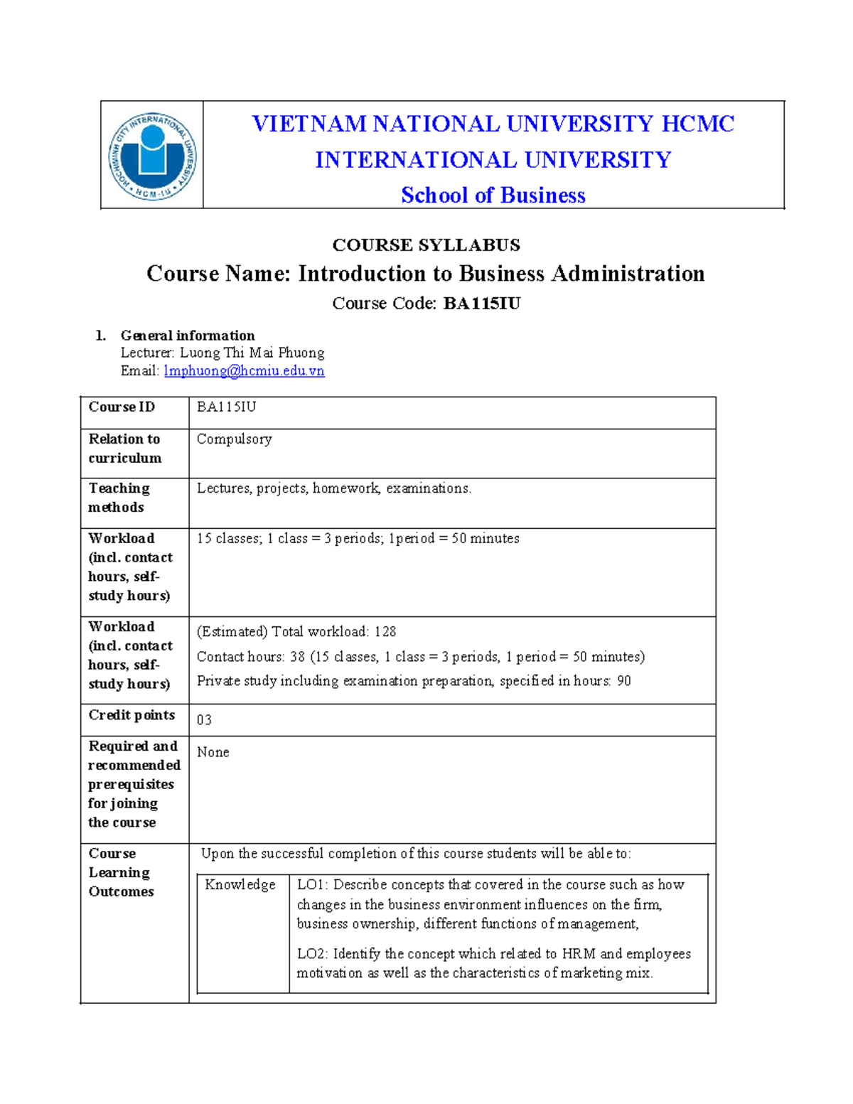 BA115IU - Introduction to Business Administration Course Syllabus - Studocu