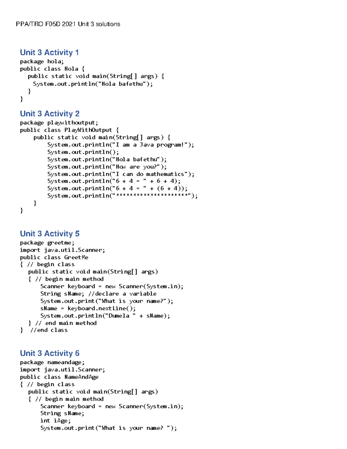 PPA F05D 2021 Unit 3 Solutions for Java Activities and Exercises - Studocu
