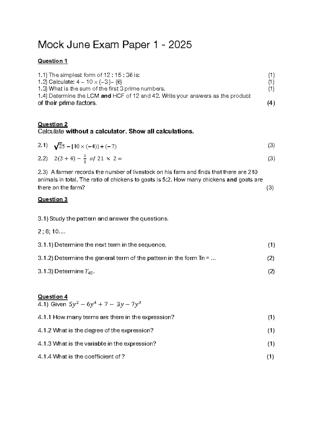 Mock June Exam Paper 1 - Mathematics Practice Questions 2025 - Studocu