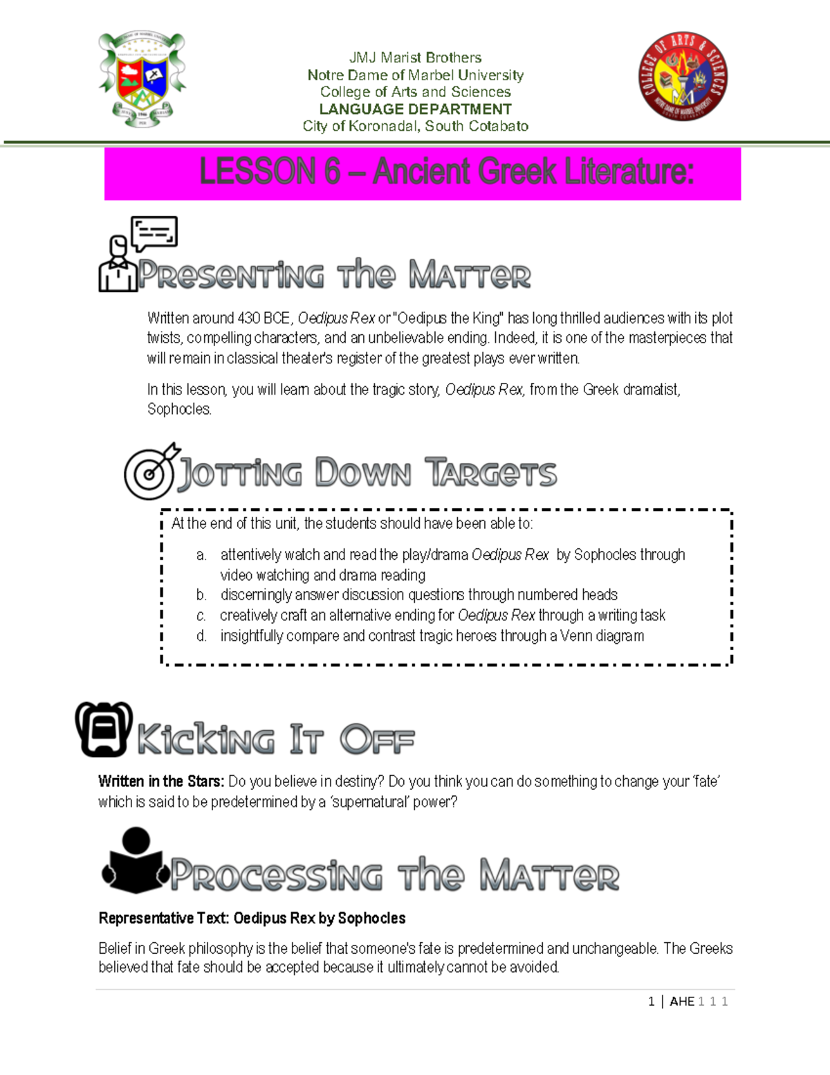 AHE111 Lesson 6: Understanding Sophocles' Oedipus Rex - Studocu
