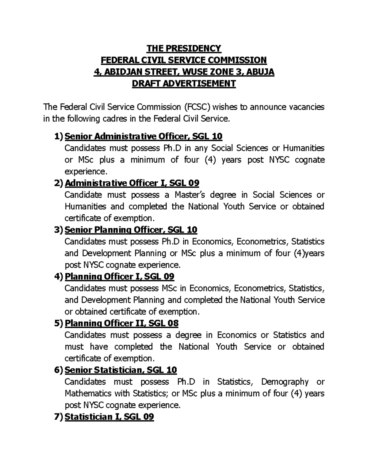 Draft Advertisement for Recruitment - Federal Civil Service Positions ...
