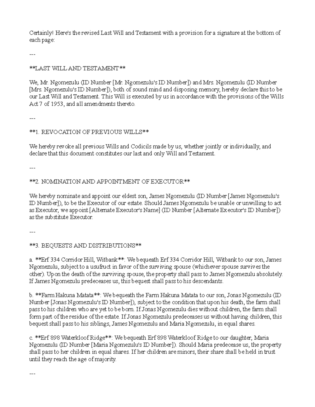 Revised Title: Law of Succession Draft Legal Will - Question 2 Final ...