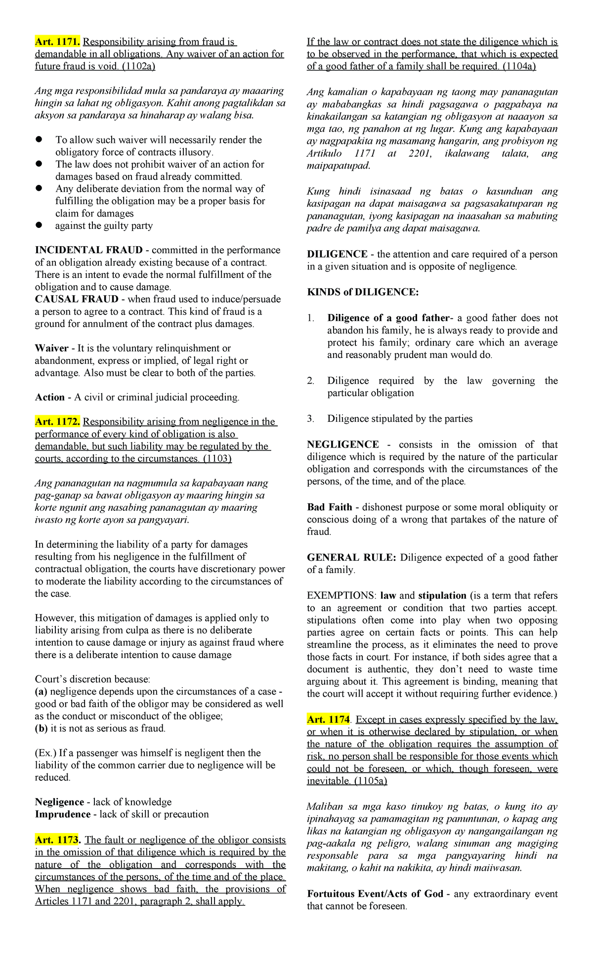 LAW 1 WEEK 2 - Article 1172- 1199 - Art. 1171. Responsibility arising ...