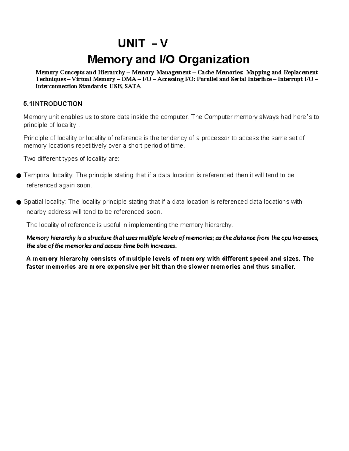 CS3352 DPCO Final Exam Unit 5: Memory and I/O Organization Notes - Studocu