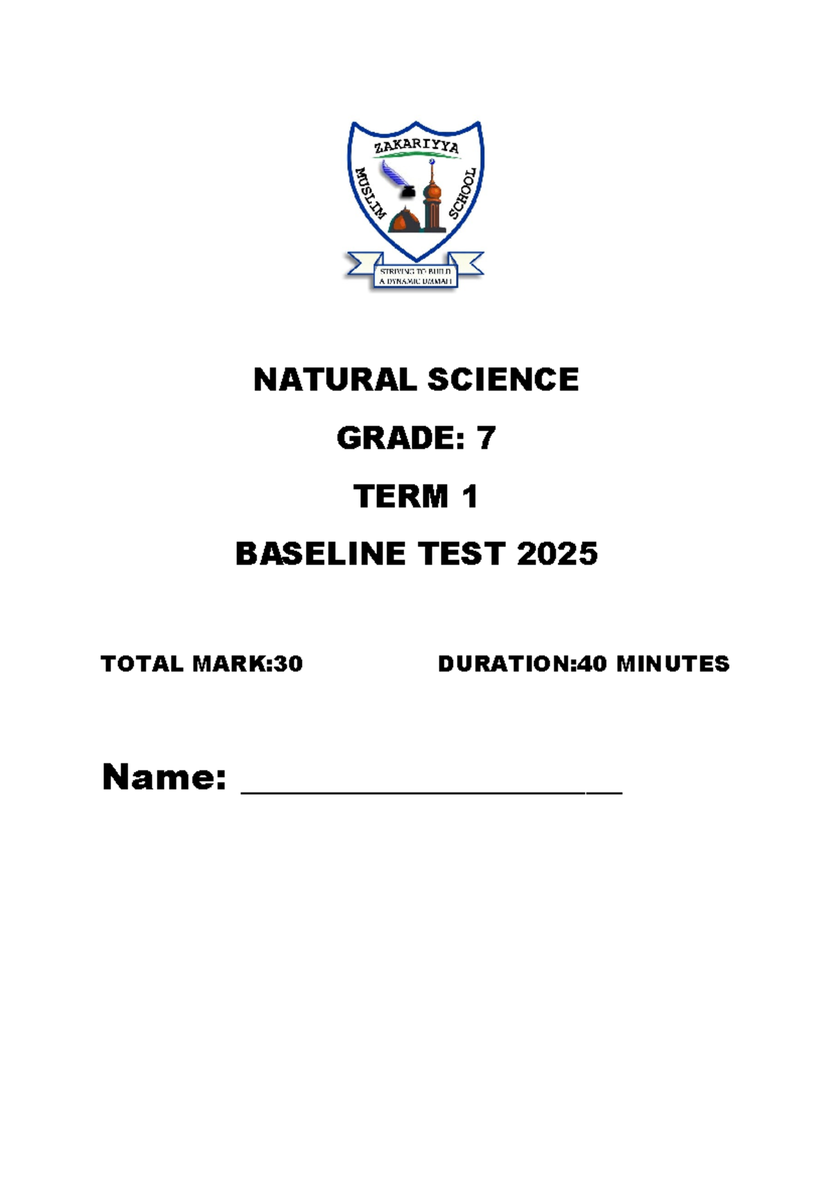 ZMS grade 7 baseline test natural science 2025 Cover PAGE - NATURAL ...