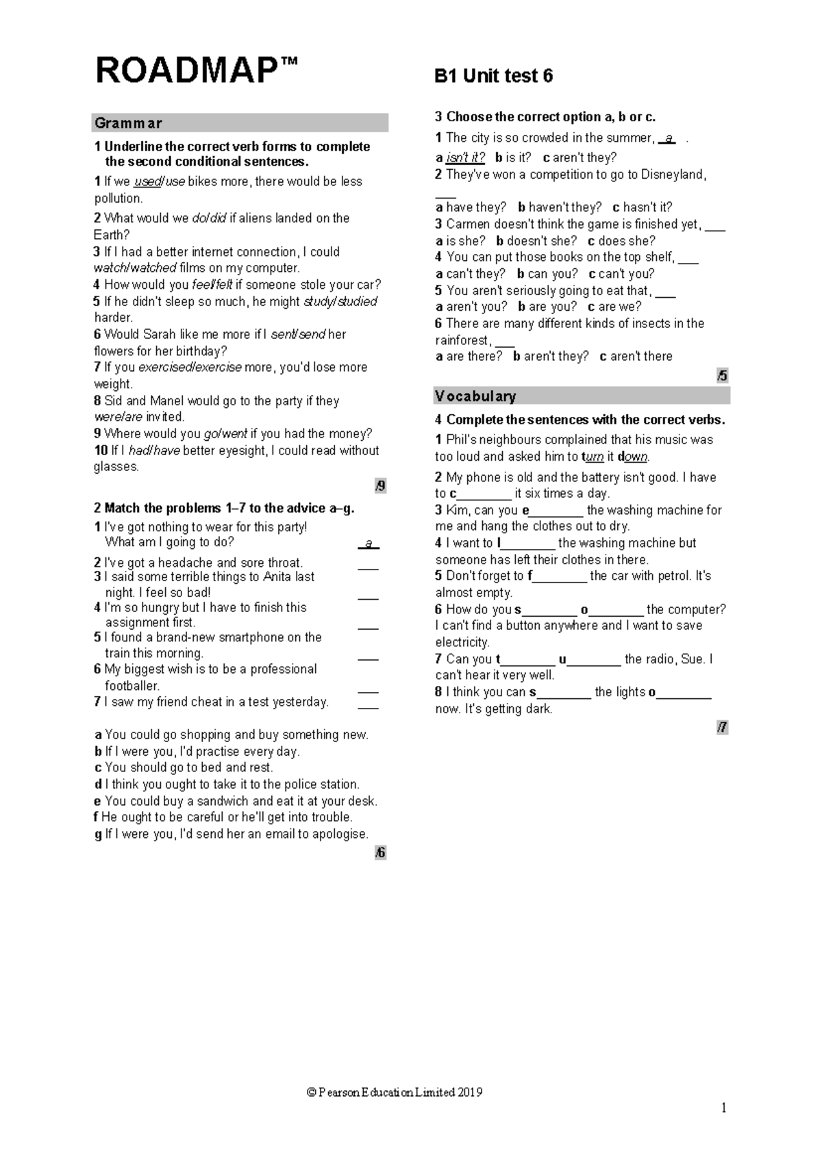 B1 Unit Test 6: Grammar and Vocabulary Practice - Studocu
