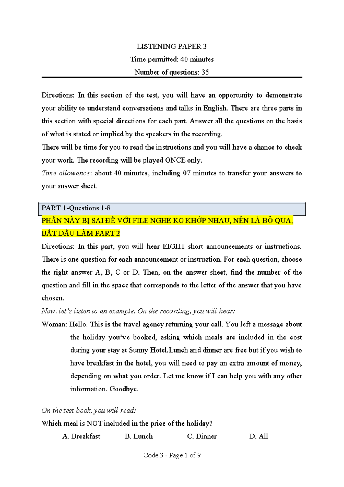 Dhnhhcm Vstep Listening Paper 3 - Test 3 Overview - Studocu