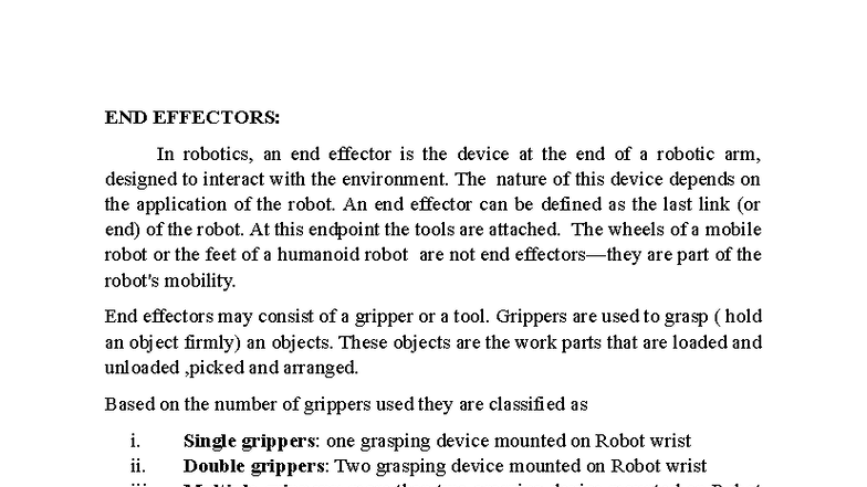 Unit 3 Part 2: End Effectors in Robotics - Comprehensive Notes - Studocu