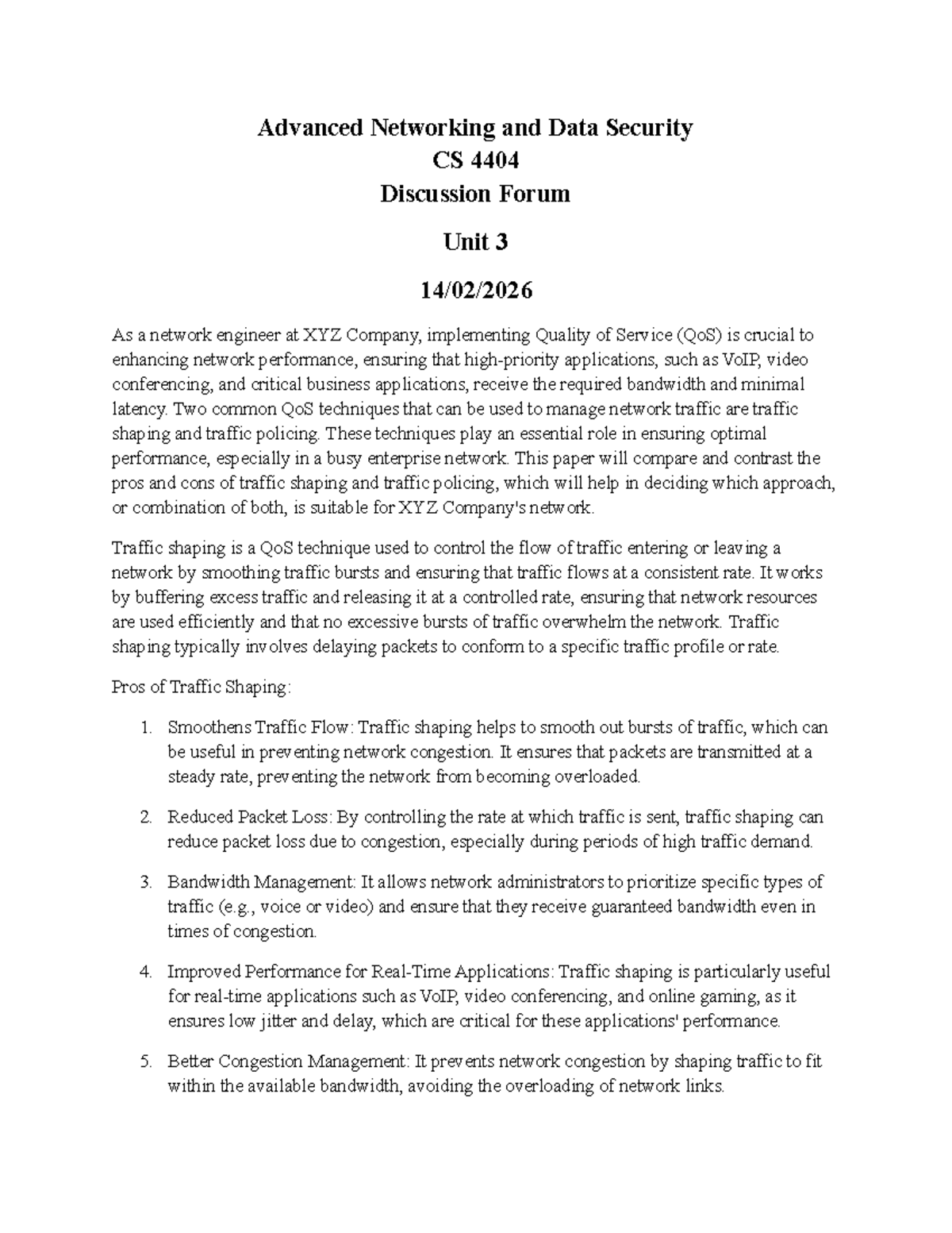 Advanced Networking and Data Security CS 4404 QoS Techniques Analysis ...