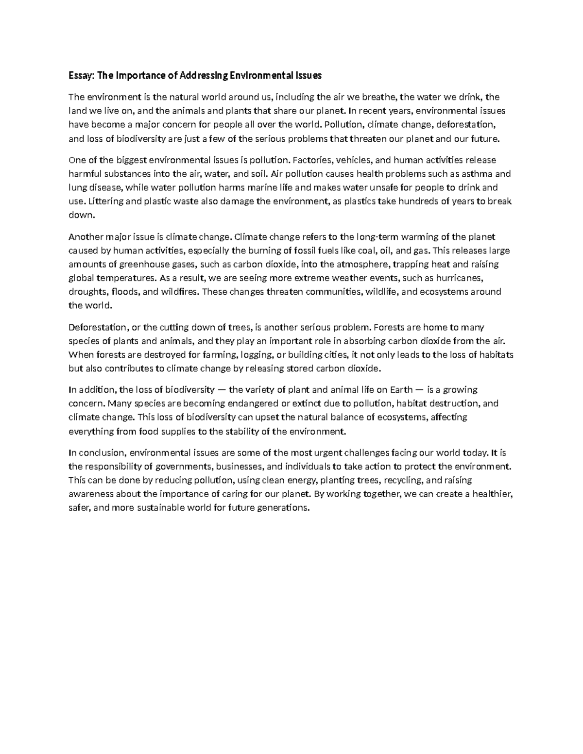 Essay: The Importance of Addressing Environmental Issues - Studocu