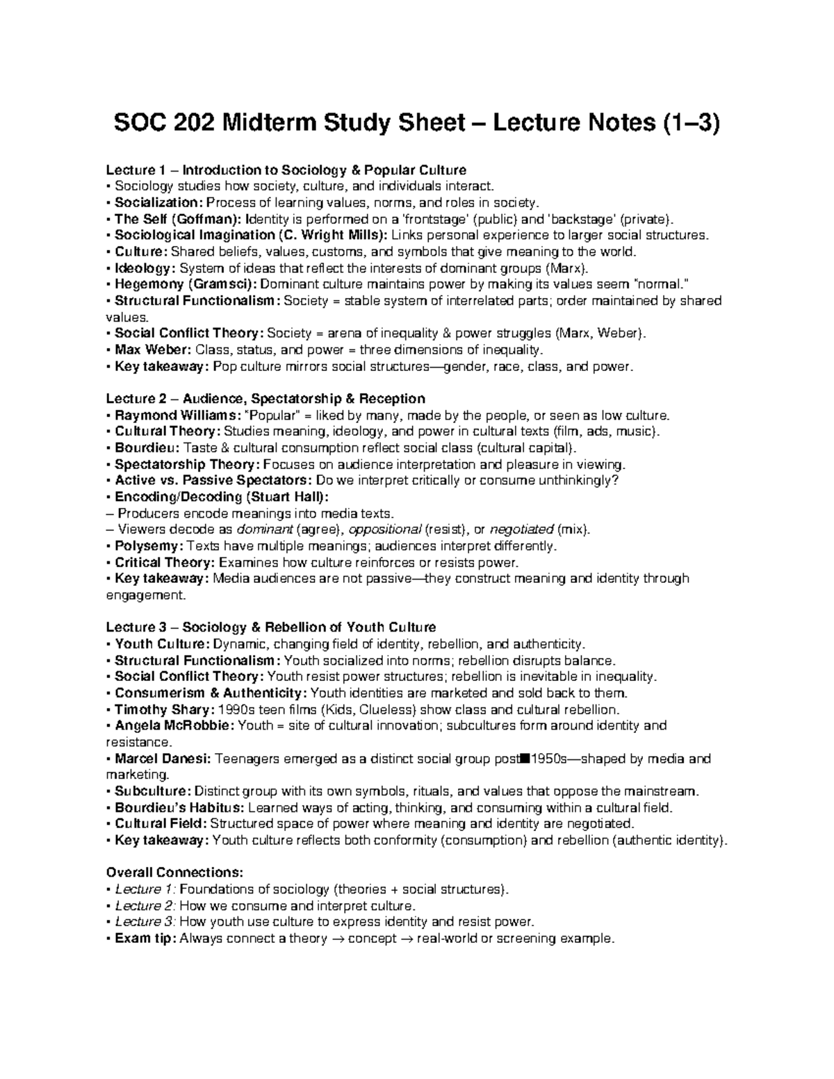 SOC 202 Midterm Study Sheet: Key Concepts in Sociology - Studocu
