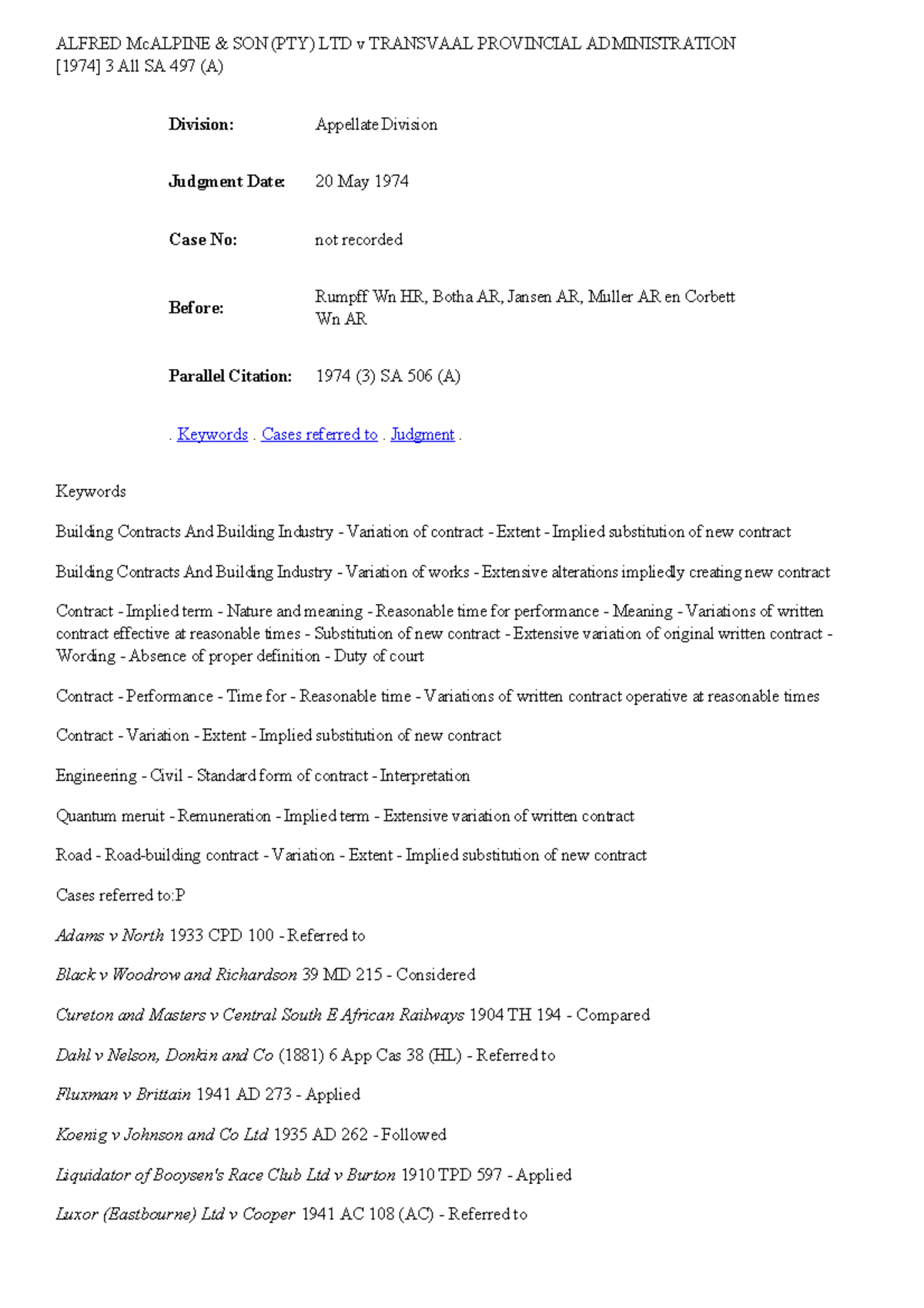 ALFRED McALPINE & SON (PTY) LTD v TRANSVAAL ADMIN [1974] Case Analysis ...