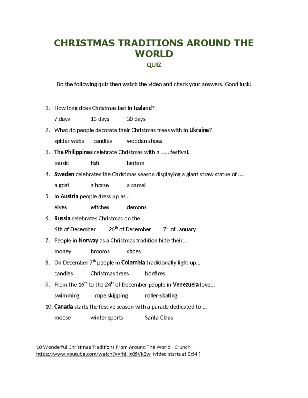 CHRISTMAS TRADITIONS AROUND THE WORLD QUIZ (CULTURE 101) - Studocu