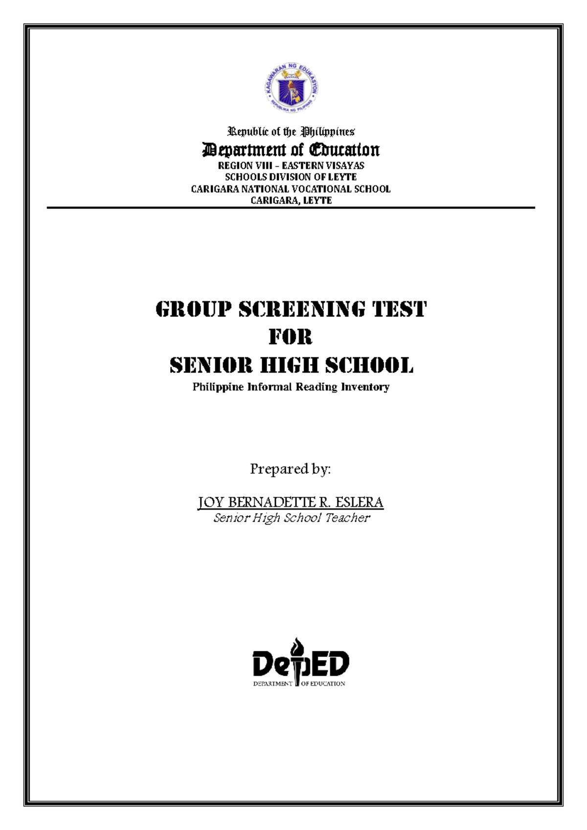 PHIL IRI SHS Group Screening Test: Reading Comprehension & Analysis ...