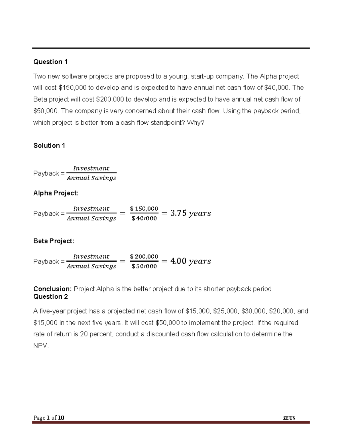 Project Management Case Study Analysis: NPV & Cash Flow Insights - Studocu