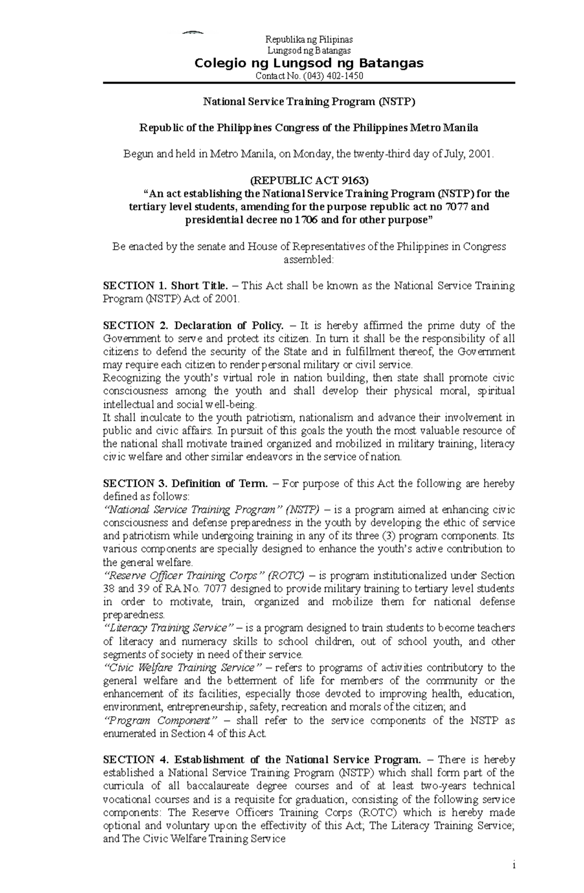 RA-9163 - NSTP Act - Lungsod ng Batangas Colegio ng Lungsod ng Batangas ...