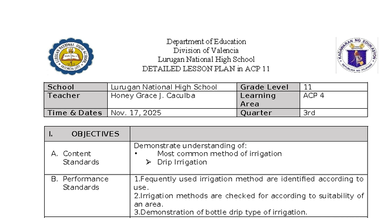 Detailed Lesson Plan on Drip Irrigation - ACP 11 - Studocu