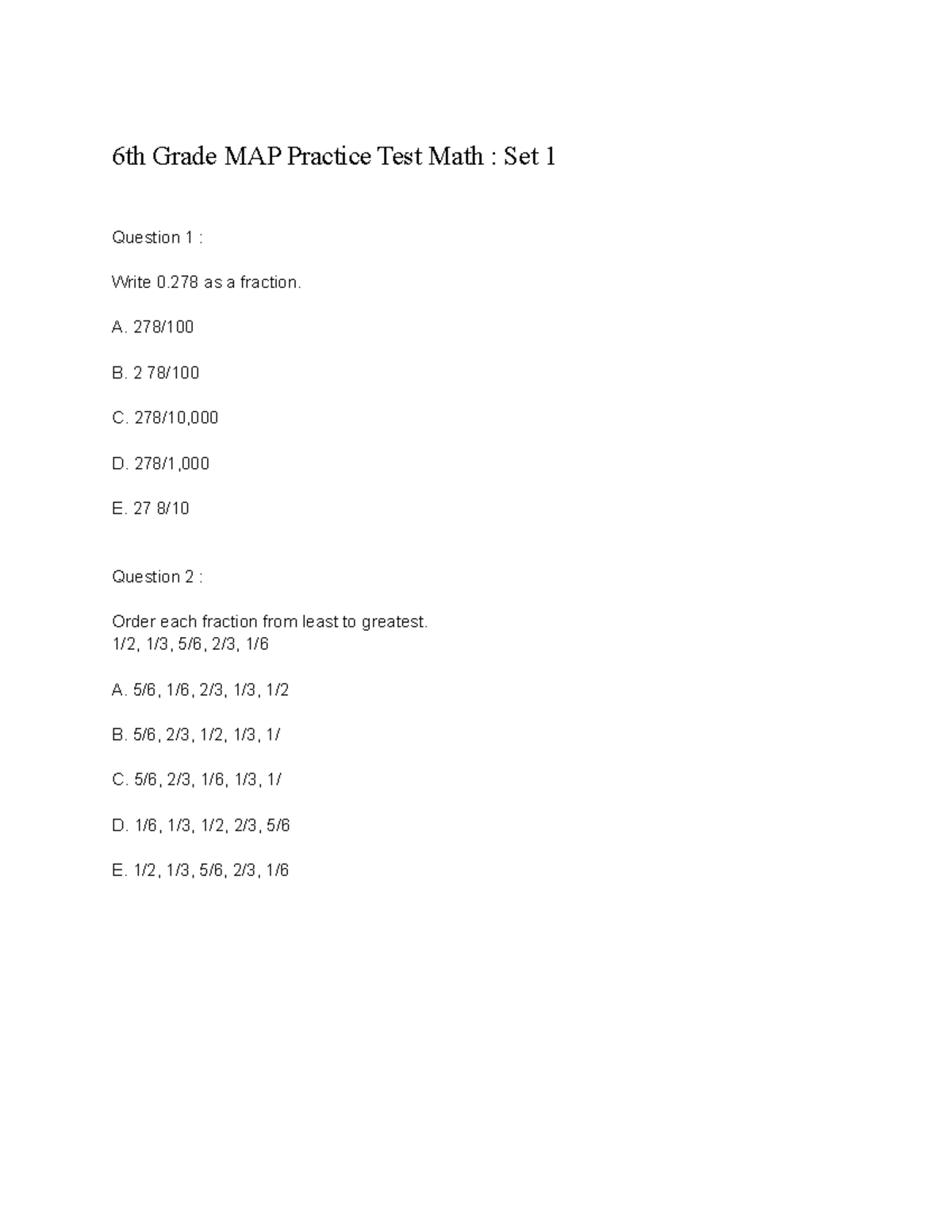 6th Grade MAP Math Practice Test: Set 1 Questions and Answers - Studocu