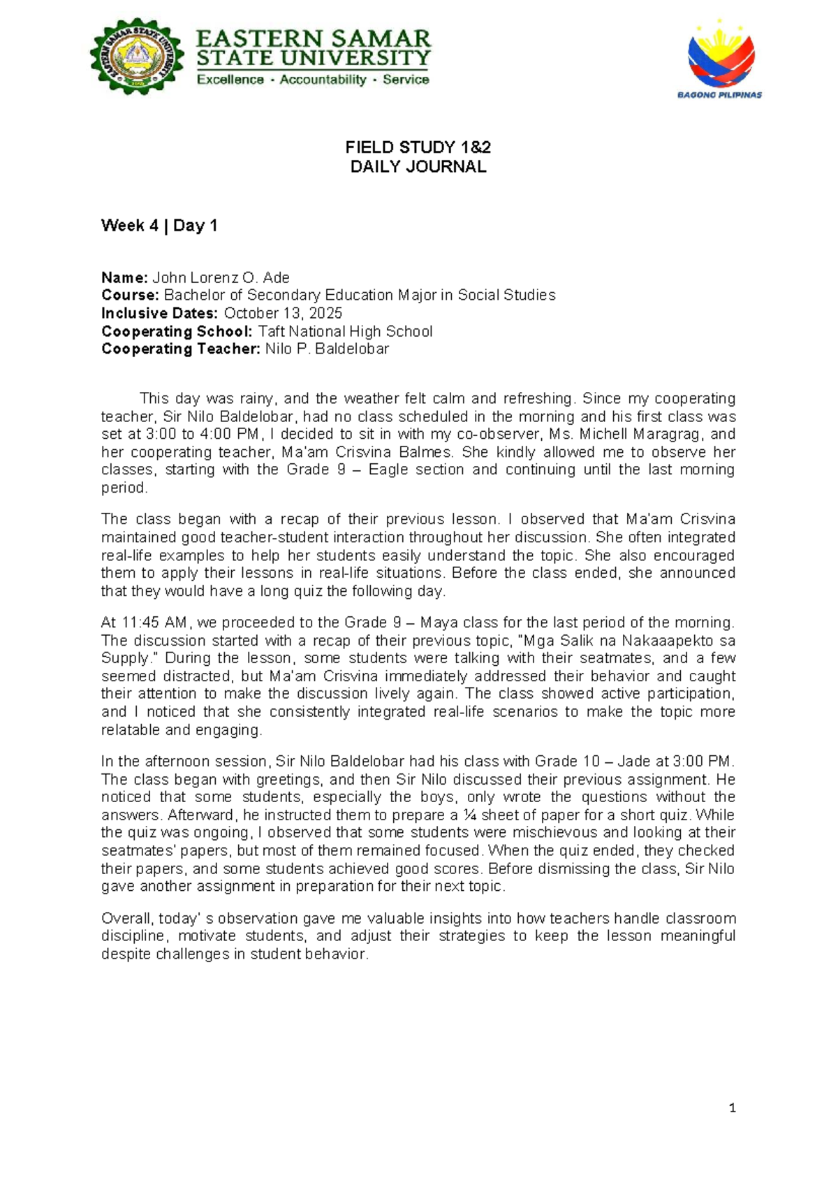 FIELD STUDY DAILY JOURNAL: Week 4 Observations by John Ade - Studocu