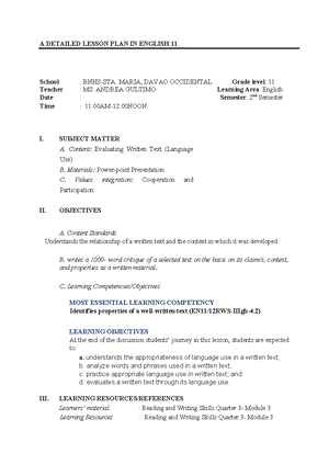 Final Lesson PLAN FOR IN Campus SC - Lesson Plan in English 7 CONTENT STANDARD: The learner ...
