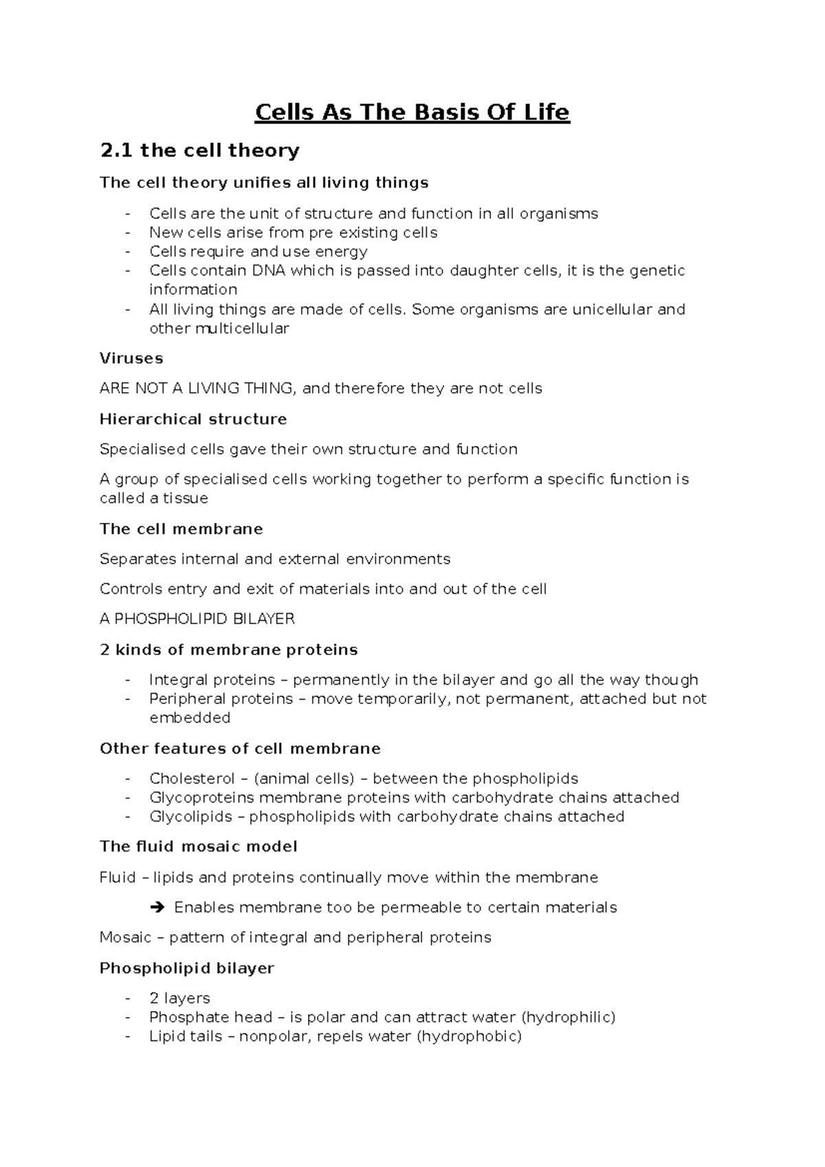 Biology 2.1: Cells as the Basis of Life - Chapter Notes - Studocu