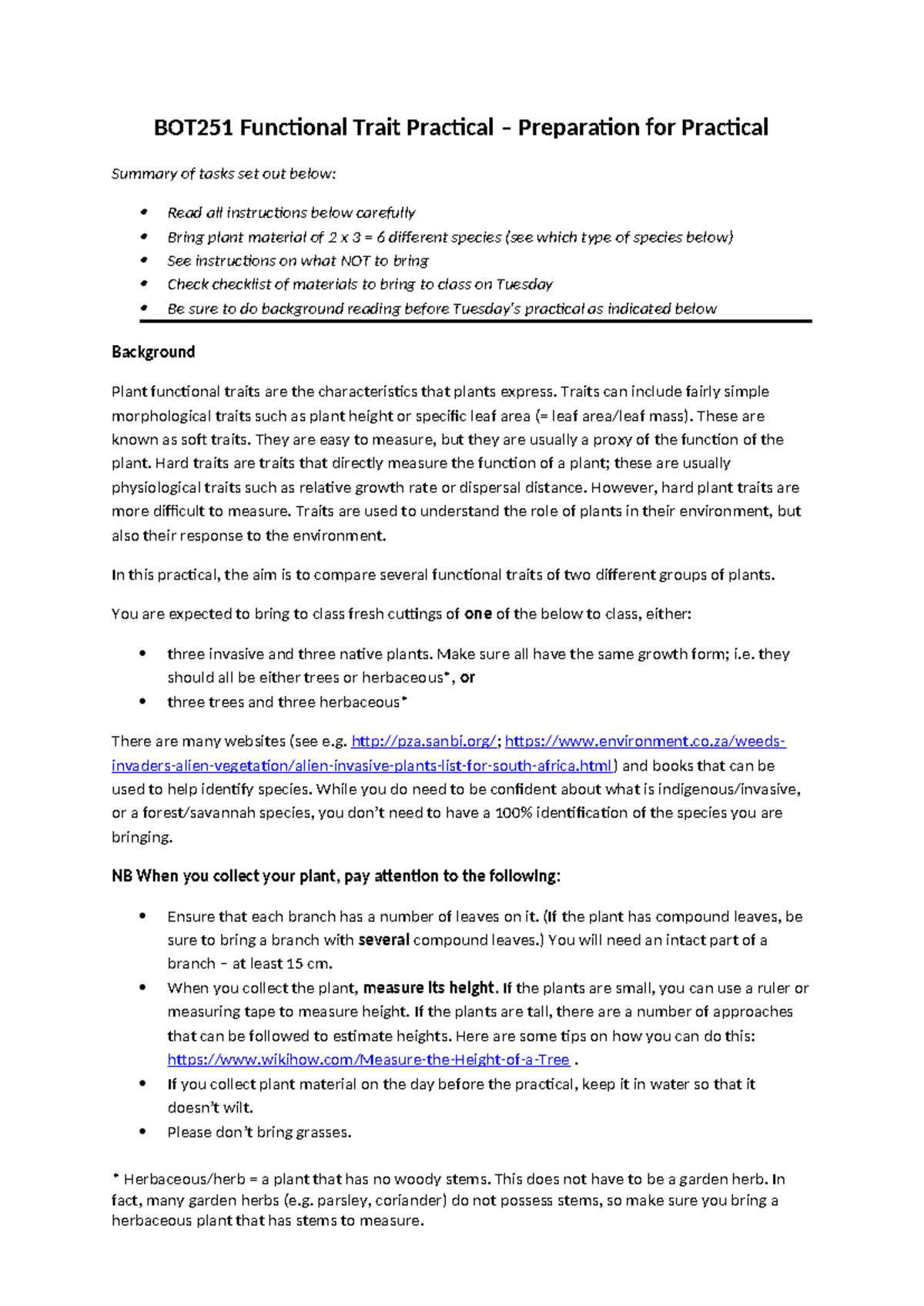 Preparation Guide for BOT251 Functional Trait Practical - Studocu