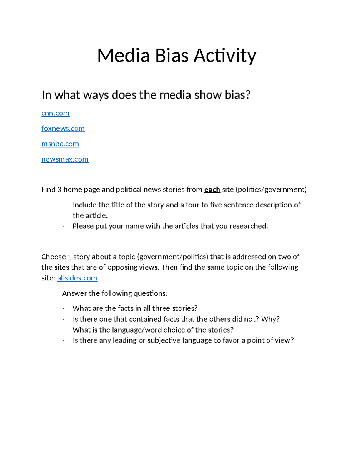 Media Bias Activity 2025: Analyzing Opposing Views in News - Studocu