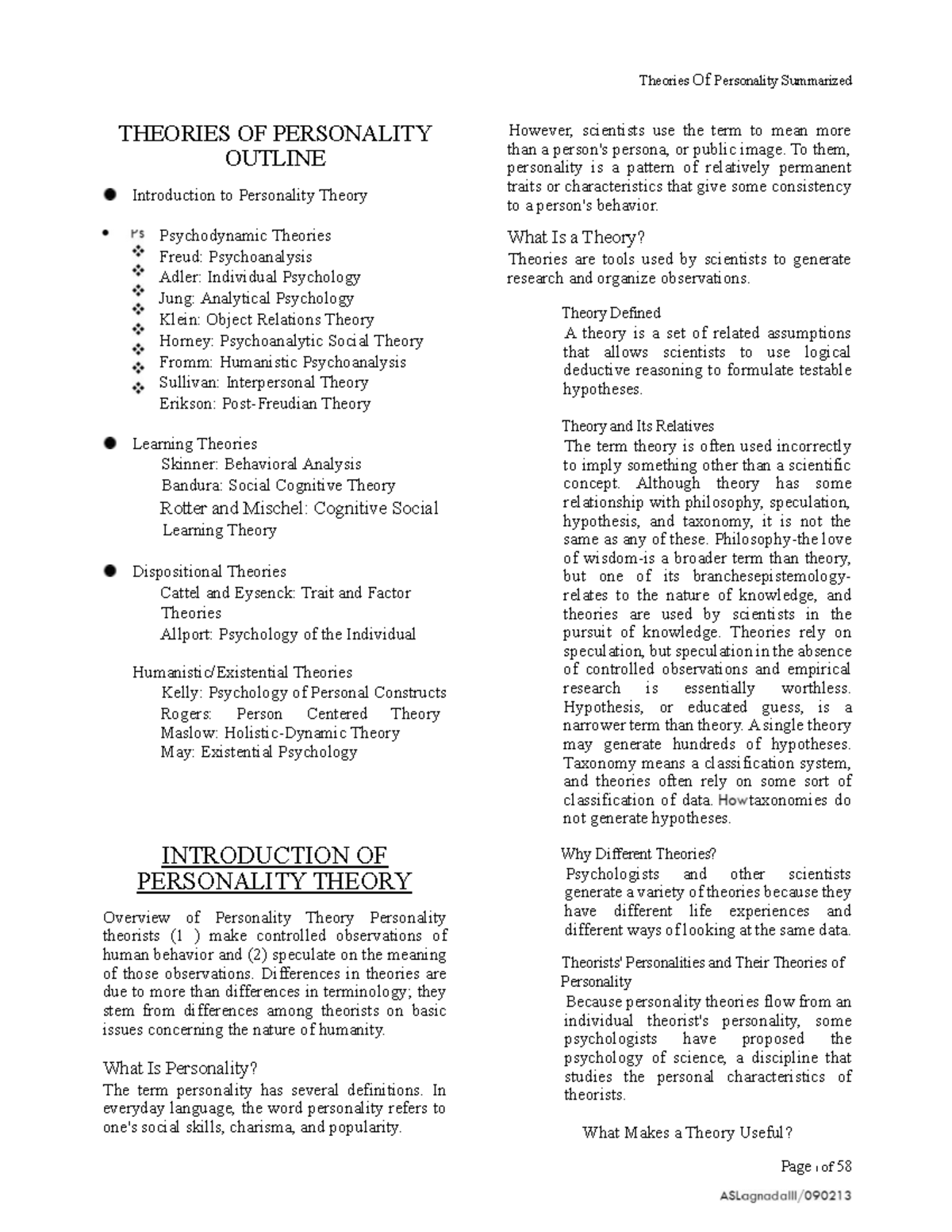 Theories of Personality: A Comprehensive Summary (PSY 101) - Studocu