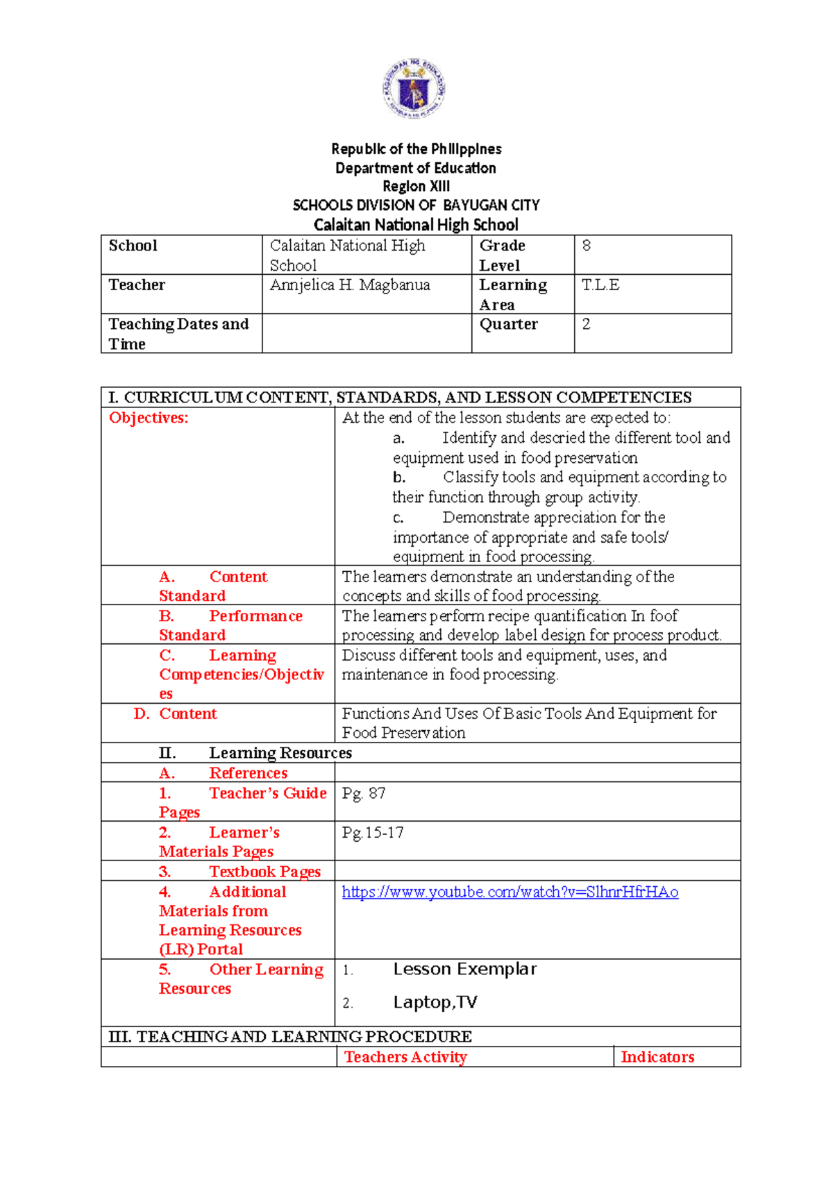 T.L.E 2 Lesson Plan: Tools & Equipment for Food Preservation - Studocu