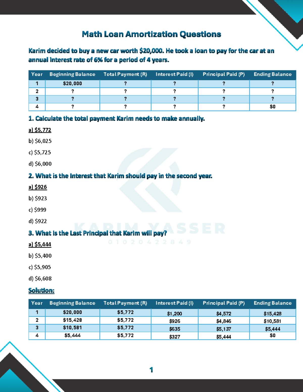 Math Loan Amortization Questions - 1 Math Loan Amortization Questions ...