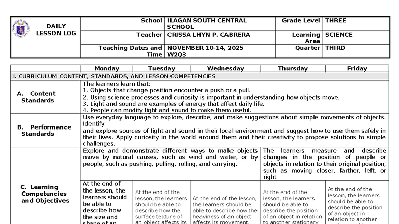 Science 3 Q3 W2 Daily Lesson Log: Understanding Object Movement - Studocu