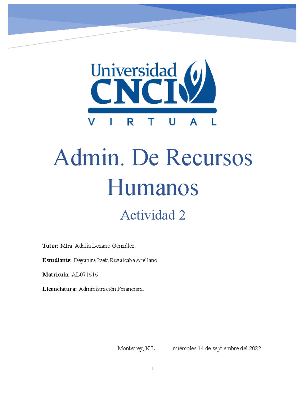 Actividad 2 - M9 Admin. de Recursos Humanos FLN B - Admin. De Recursos Humanos Actividad 2 Tutor ...