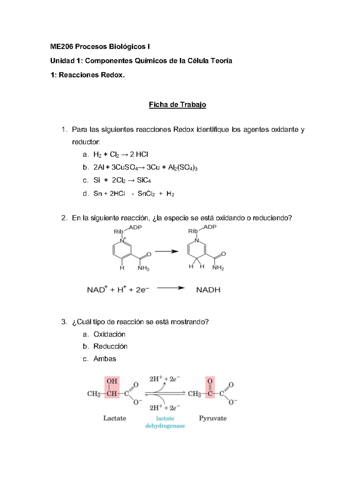 ME206 Ficha de Trabajo 1: Reacciones Redox y Agentes Químicos - Studocu